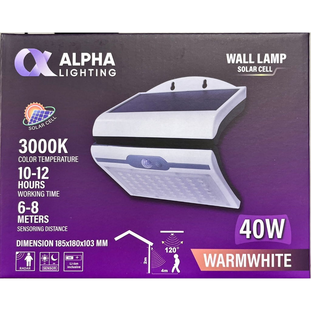 โคมไฟติดผนังโซล่าเซลล์ WALL LAMP 40W ALPHA มี 2 แสง DAYLIGHT WARMWHITE ...