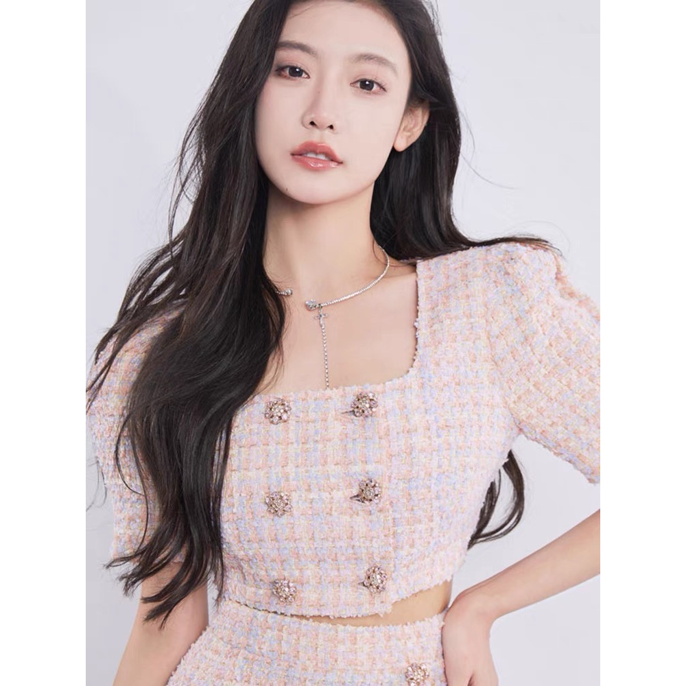 TP008 เสื้อคอเหลี่ยมแขนสั้นผ้าทวิตกระดุมเพชรรูปห้วใจ | Shopee Thailand