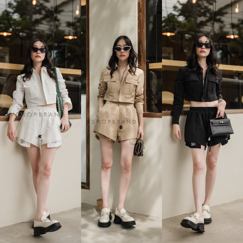 Set ครอปเชิ้ตกระเป๋าอก + กางเกงขาสั้น ป้ายVshop | Shopee Thailand