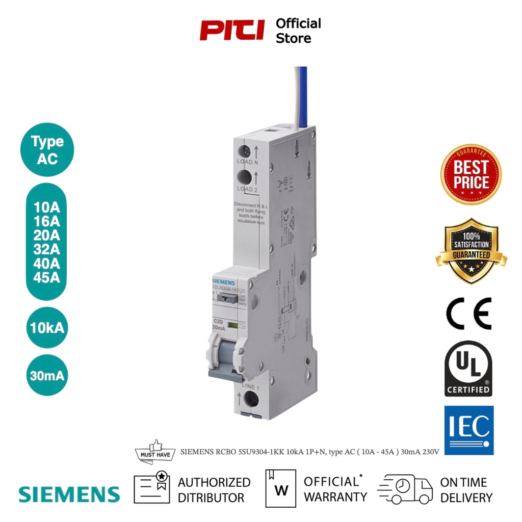 SIEMENS RCBO 5SU9304-1KK 10kA 1P+N, type AC ( 10A - 45A ) 30mA 230/240VAC | Shopee Thailand