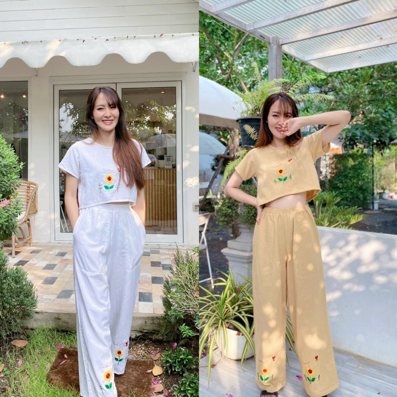 BY PHAKA SUNNY SET | เซตผ้าฝ้าย 3 ชิ้น ลายปักดอกทานตะวัน ดีเทลผูกหลังน่ารักมากๆ | Shopee Thailand
