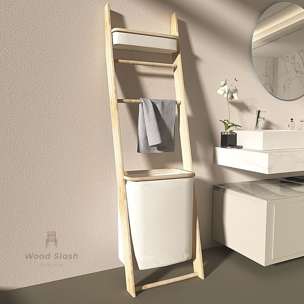 Wood Slash ราวแขวนผ้า Peony (ぼ たん) พร้อมกระกร้า และชั้นวางของ ไม้ไผ่ ...