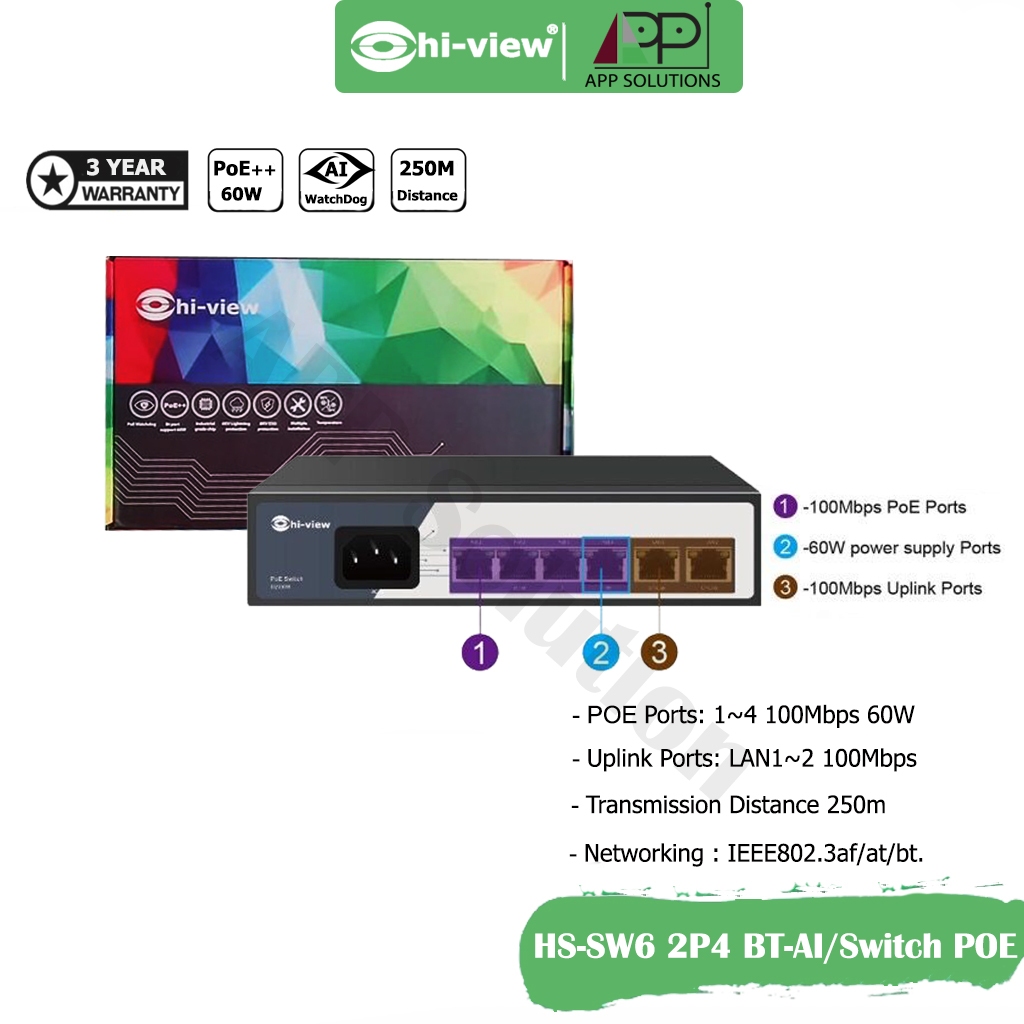 HI-VIEW Switch(สวิตซ์ฮับ)10/100 4-Port PoE+/2Uplink รุ่นHS-SW6 2P4 BT ...