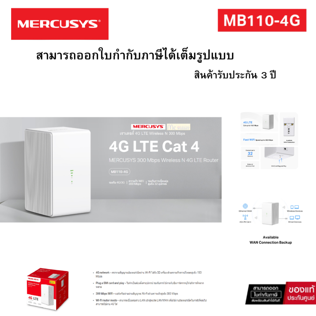 Mercusys เร้าเตอร์ใส่ซิม MB110-4G Sim Card Router 300 Mbps Wireless N 4G LTE Router Plug and ...