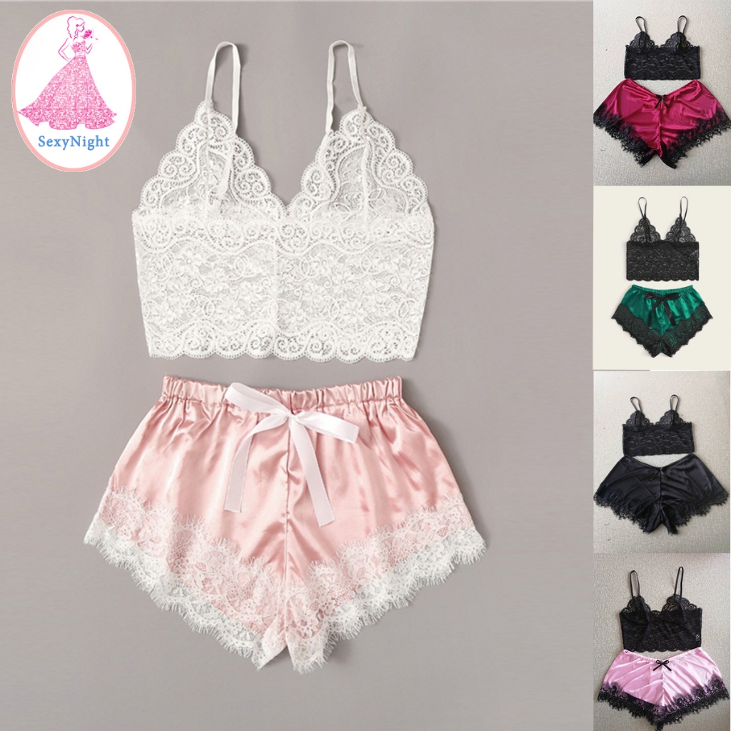 SexyNight 🍀🍀ชุดนอนกางเกงซาตินแบบ2ชิ้🌻🌻นเสื้อแต่งระบาย🌾🌾กางเกงสั้นเอวยืดติดริบบิ้น（H1144 ...