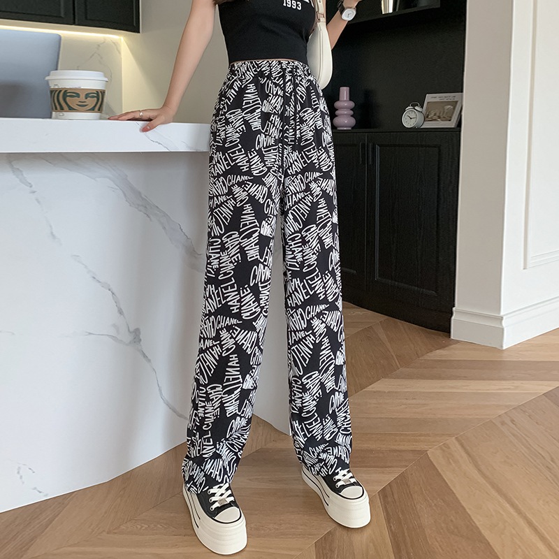 [W0076] กางเกงขายาว เอวยืด ผ้าเด้ง คืนทรง ลายกราฟฟิก ใส่สบาย เสื้อผ้า ...