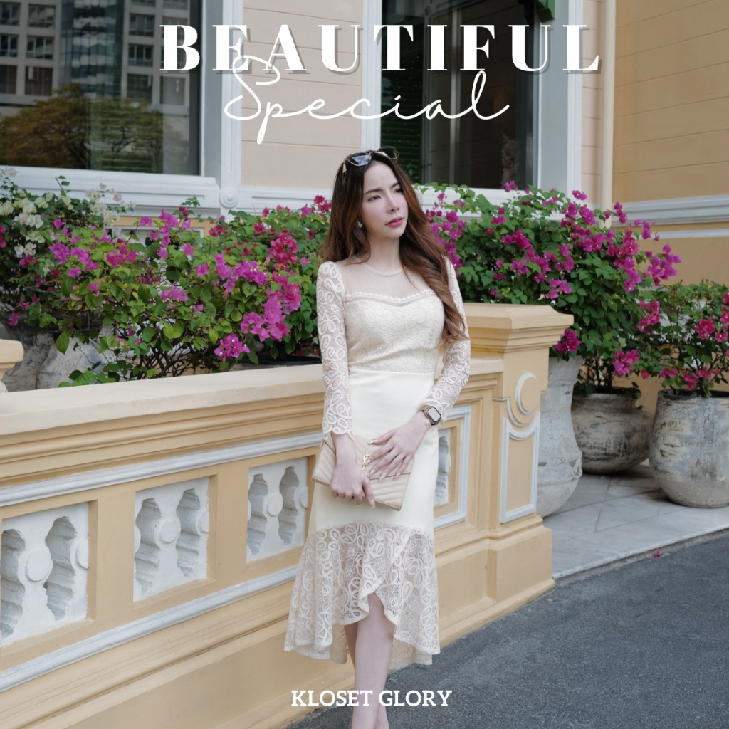 K167 : เดรสยาวคอกลมลูกไม้ซีทรูตาข่ายปลายลูกไม้หางปลาสีครีม | Shopee Thailand