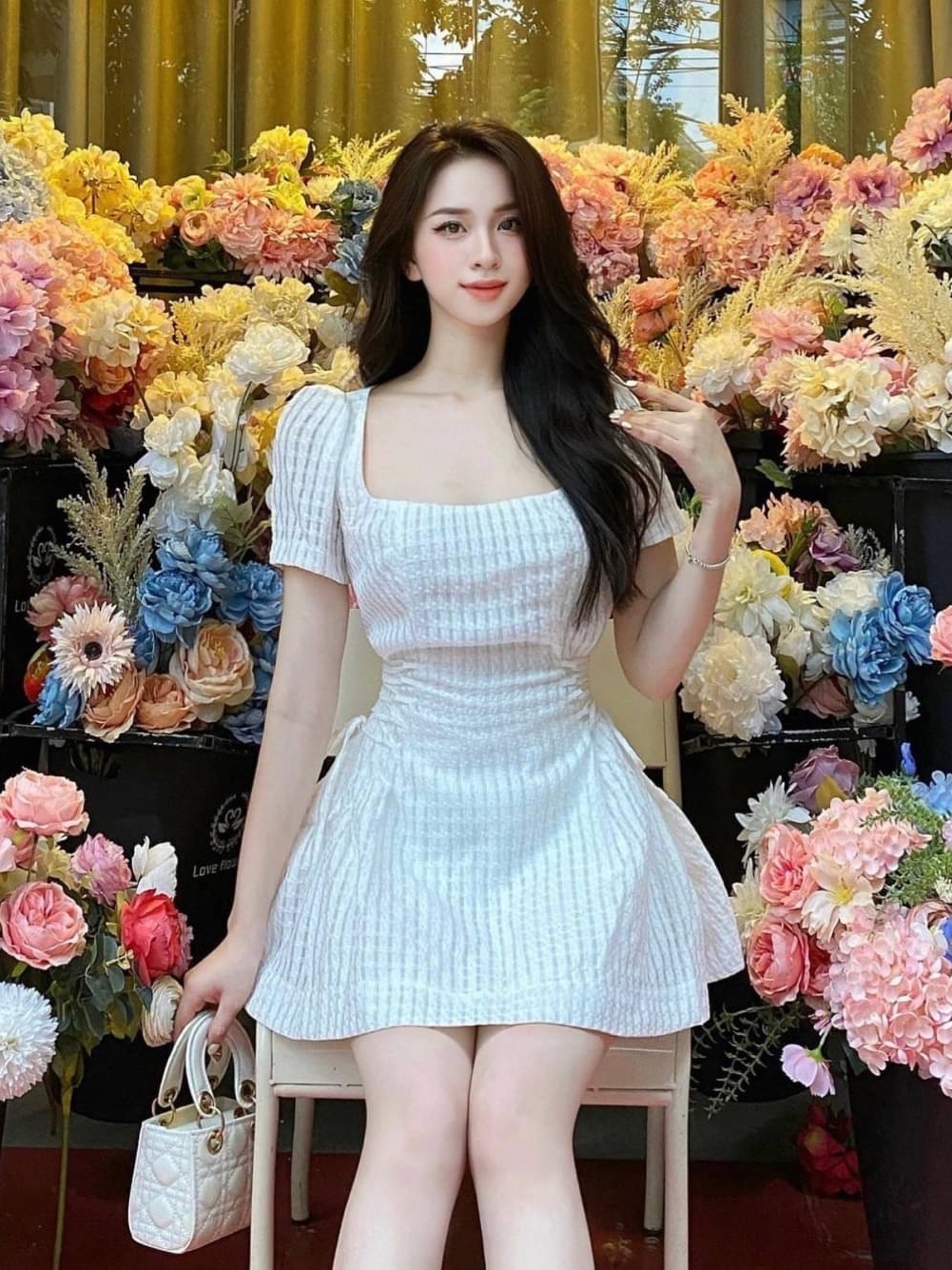 Teera ️พร้อมส่ง เดรสสั้นผ้ารังผึ้งแก้ว แขนตุ๊กตา ซิปหลัง งานมีซับในทั้งตัว | Shopee Thailand