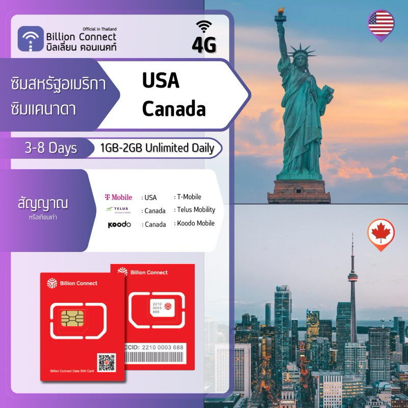 USA Canada Sim Card Unlimited 1-2GB Daily สัญญาณ T-Mobile Telus ...