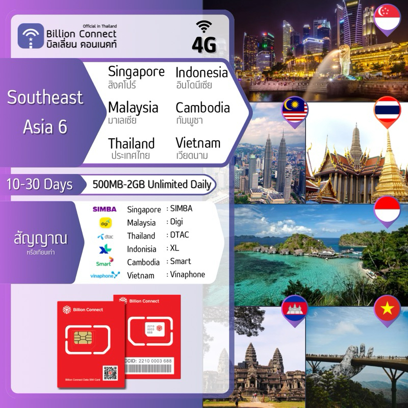 Southeast Asia 6 internet Unlimited Daily 500MB-2GB ซิม สิงคโปร์ ...