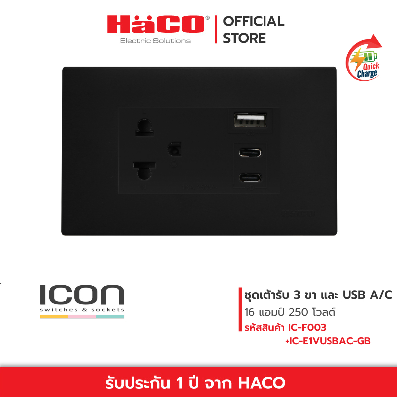 HACO ชุดเต้ารับ 3 ขา พร้อมเต้ารับ USB A/C 16 แอมป์ 250 โวลต์ รุ่น IC-E1VUSBAC+IC-F003 | Shopee ...