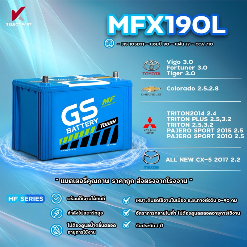 MFX190R , MFX190L ( JIS 105D31 ) {พร้อมส่ง} GS Battery แบตเตอรี่พร้อมใช้ อึด มั่นใจ กำลังไฟ ...