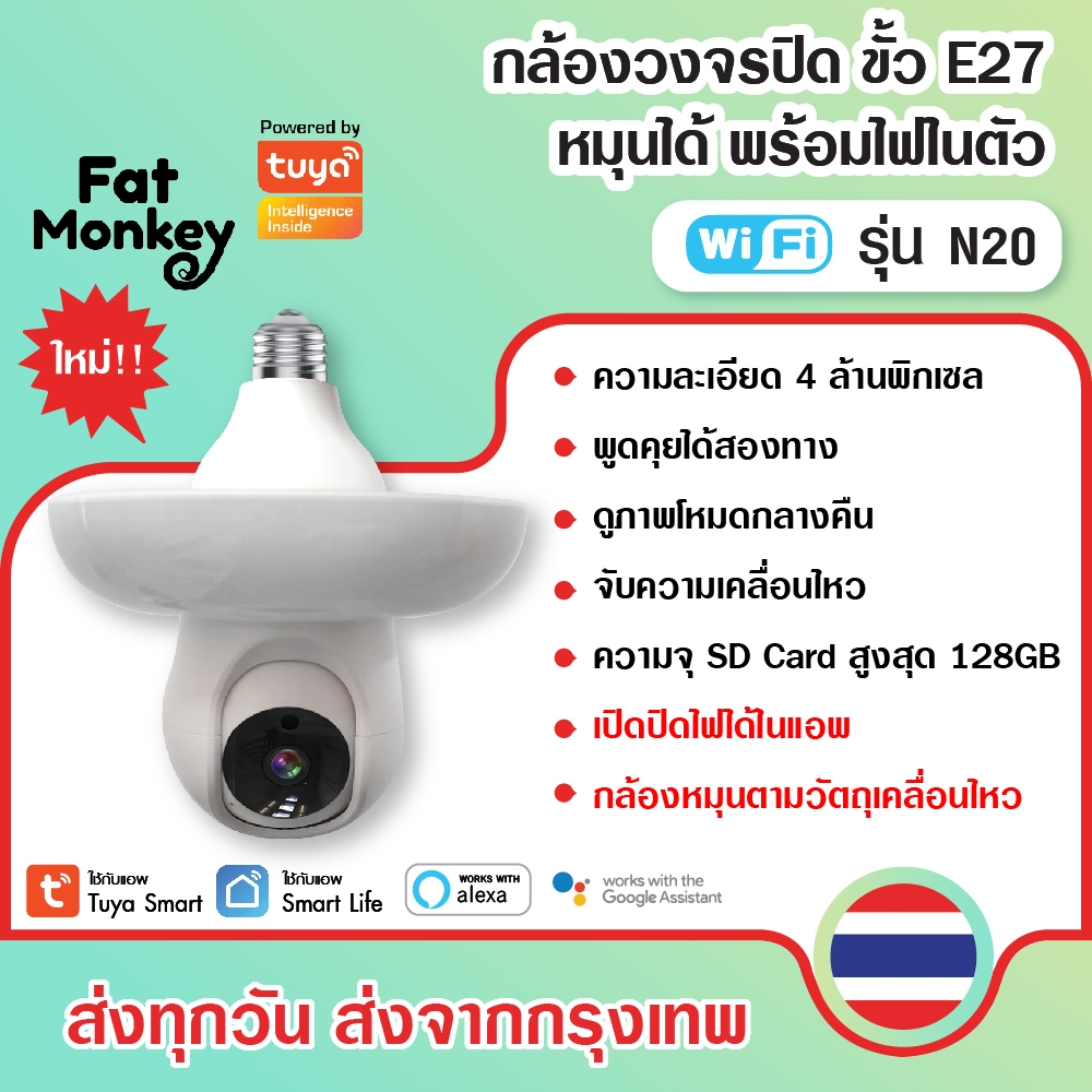 Tuya WiFi Camera Bulb PTZ ใช้กับขั้วหลอดไฟ E27 กล้องวงจรปิดรุ่น N20 ใช้ ...