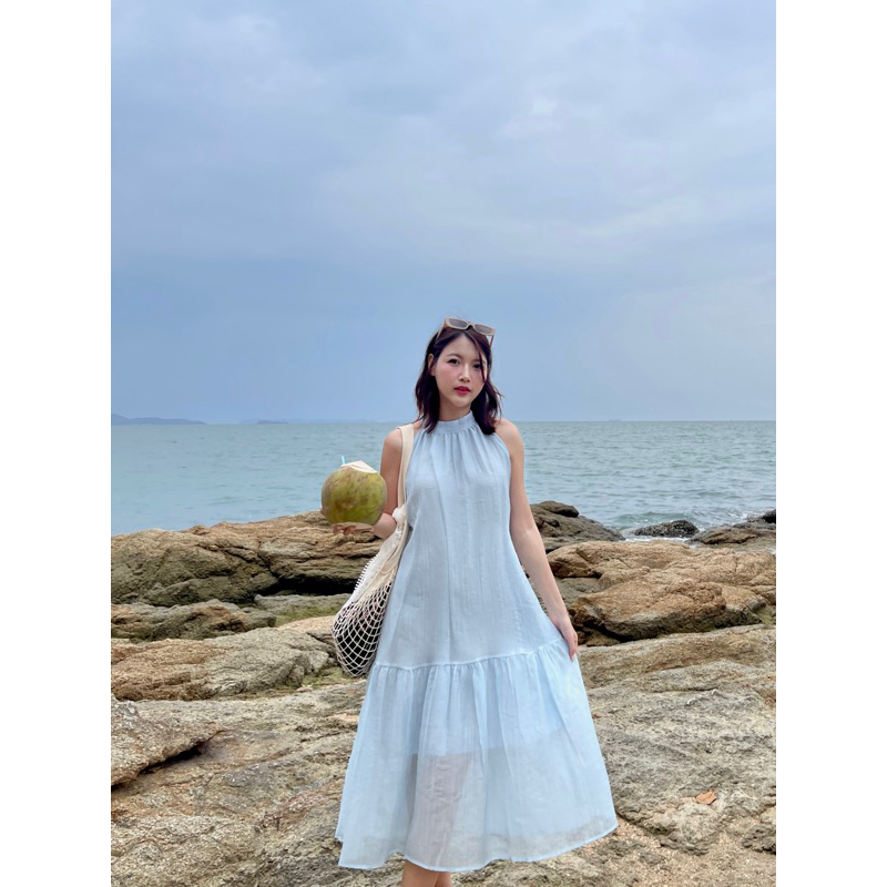 M405- เดรสยาวแขนกุดพริ้วๆ ผูกคอโบว์มีซับในน่ารักมากก | Shopee Thailand