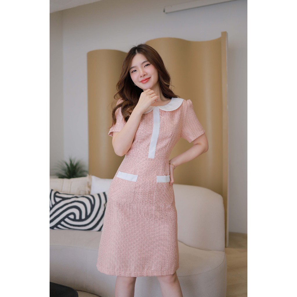 J106 ชุดเดรสสีแซลม่อน (คอบัวผ้าทวีต) มีหลายไซส์ให้เลือก | Shopee Thailand