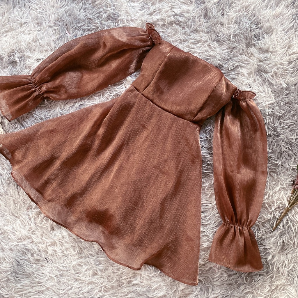 BS3514 เดรสเกาะอก แขนพอง แขนยาว ผ้าซีทรูมีซับทั้งตัว อกเสริมพองน้ำ ...