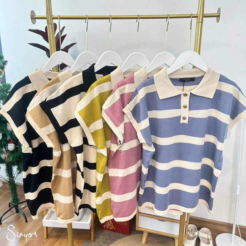 รหัส J306 เสื้อไหมพรม คอปก แขนสั้น ลายริ้ว ผ้านิ่มเด้ง ใส่สบาย ยาว 25 ...