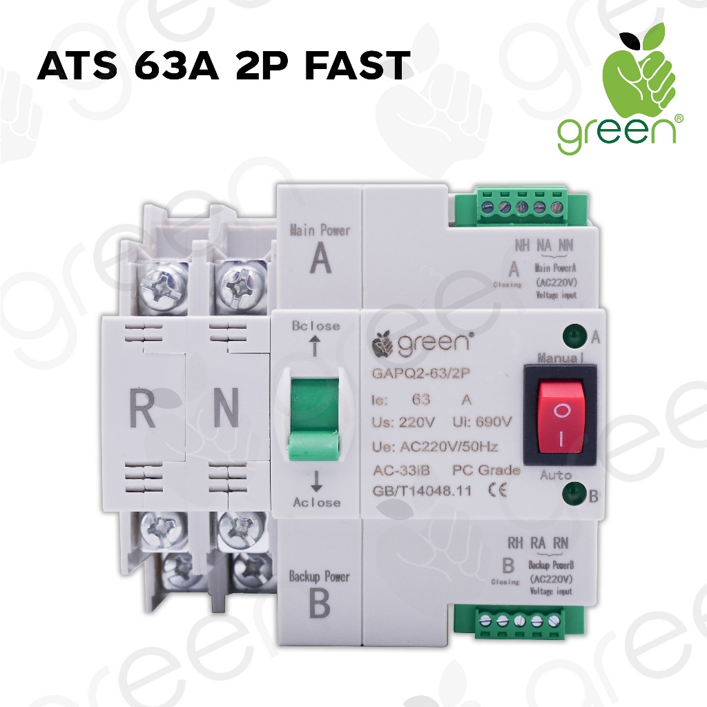 AppleGreen สวิตช์สลับแหล่งจ่ายไฟอัตโนมัติ ชนิดสลับเร็ว ATS Automatic transfer switch 2P 220Vac ...