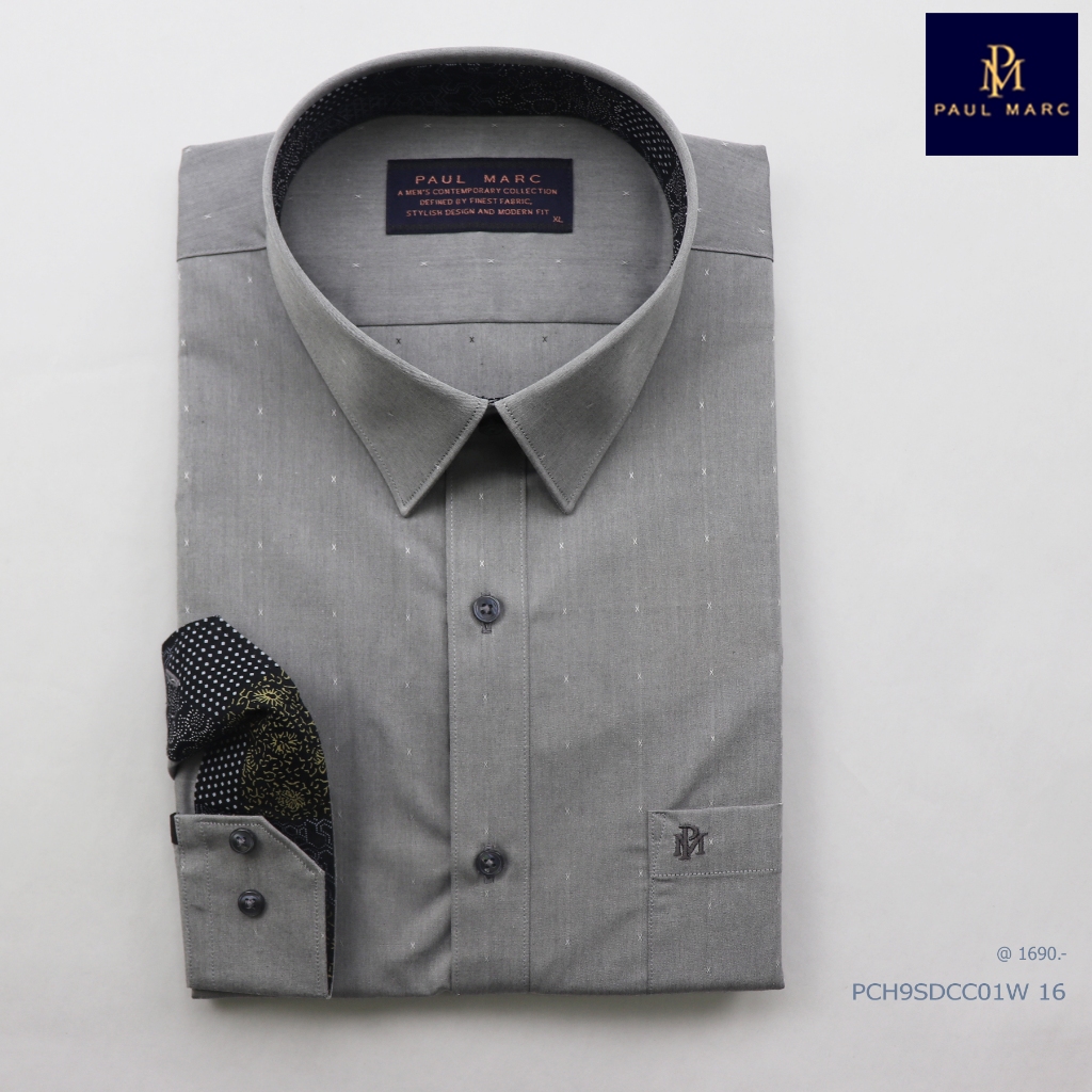 PAUL MARC เสื้อเชิ้ตแขนยาวทำงาน สีเทา slim fit ผ้าทอ dobby ลายในตัว ผ้า ...
