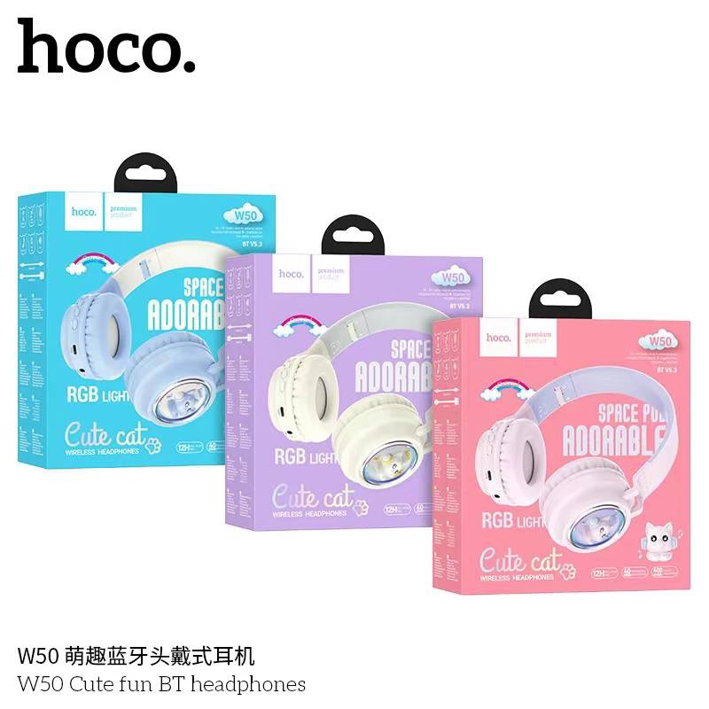 หูฟังบลูทธไร้สาย Hoco W50 หูฟังครอบหูการ์ตูนน่ารัก ใช้งานยาวนาน12ชม. หูฟังไร้สายแบบสปอร์ต (แท้ ...
