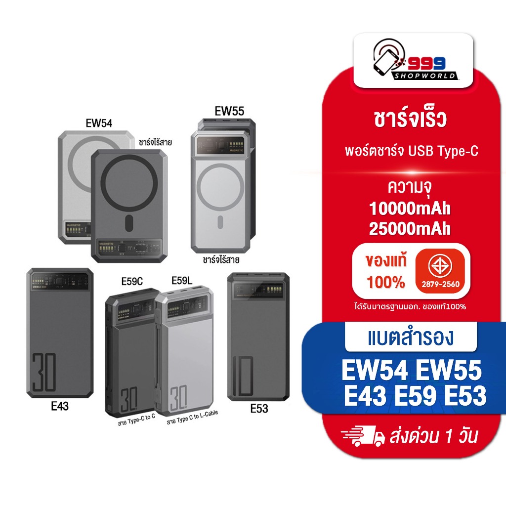 [ส่งเร็ว ส่งไว] Eloop E53/E43/EW55/EW54/59 แบตสำรอง 10000/25000mAh QC 3.0 | PD 20W Power Bank ...