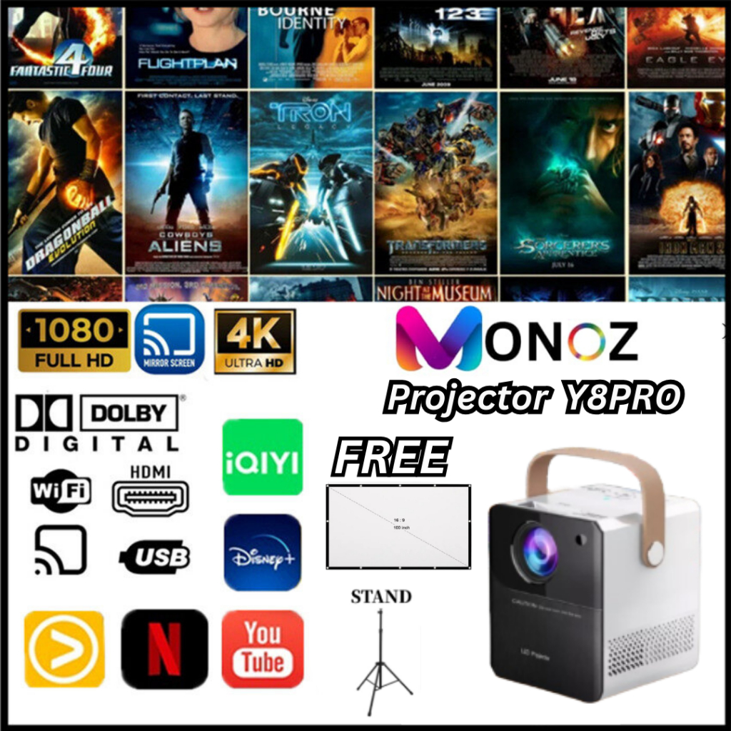 MONOZ Projector Y8 Pro มินิโปรเจ็กเตอร์แบบพกพา 4K ultra HD หน้าจอขนาด ...
