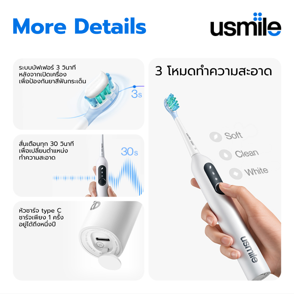 [New] usmile P10 Sonic Toothbrush แปรงสีฟันไฟฟ้า 3 โหมด มีตัวสั่นเตือนอัจฉริยะ ชาร์จ 1 ครั้งอยู่ ...