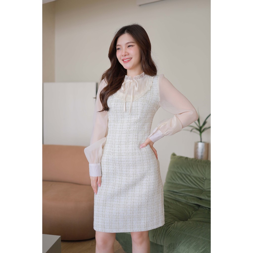 J217 ชุดเดรสสีขาว (ทวีตแขนผ้าชีฟอง) | Shopee Thailand