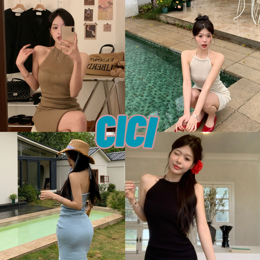 Cici(NO. 47276)เดรสยาวไหมพรมคล้องคอdetail ลูกเล่นตรงช่วงคอเรียบหรูสไตล์เกาหลี | Shopee Thailand