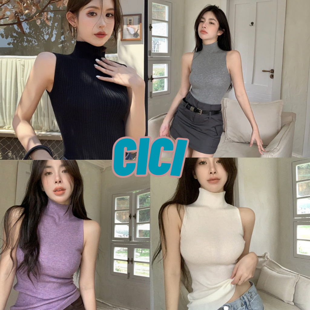 Cici(NO. M058)เสื้อแขนกุดไหมพรมผ้าร่อง ดีเทลคอปีน ลุคสตรีท | Shopee ...