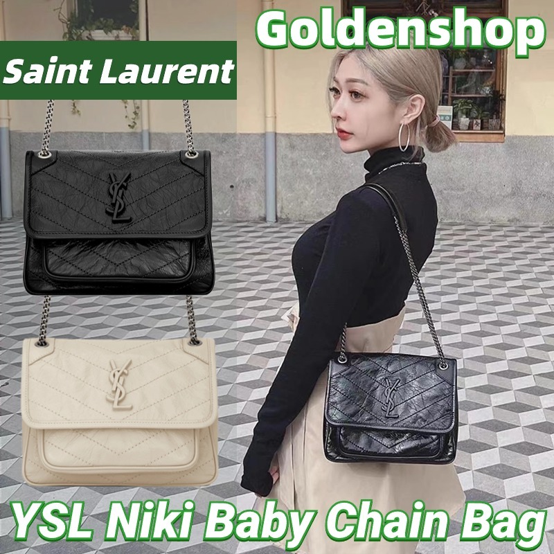 🍒Yves Saint Laurent/YSL Niki Baby Chain Bag Vintage Leather🍒อีฟส์แซงต์โลรองต์ กระเป๋าสะพายเดี่ยว ...