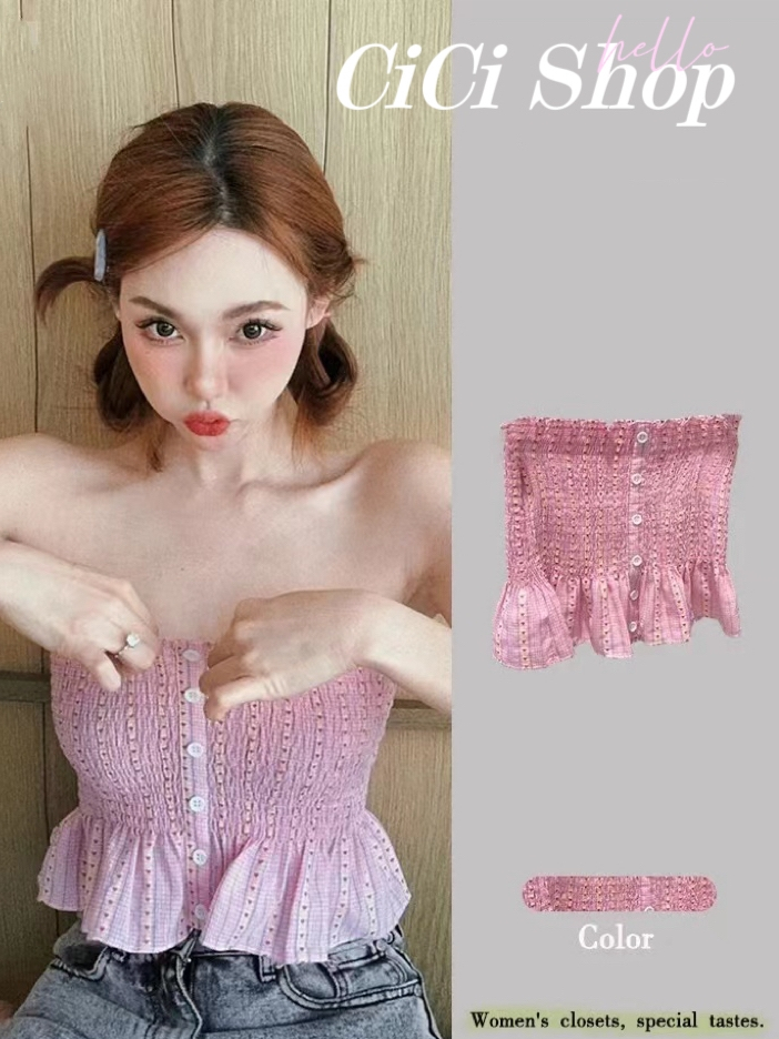 Cicishop(H93107)เสื้อเกาะอกสม๊อกทั้งตัว แต่งกระดุมลายหัวใจกรุ้งกริ้งมาก | Shopee Thailand