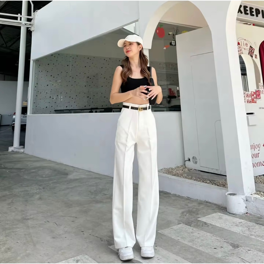 T05 New Hiso Pants เรียบหรูดูดี กางเกงทรงกระบอกกลาง กางเกงขายาว ผู้หญิง เอวสูง พรางหุ่น พราง ...