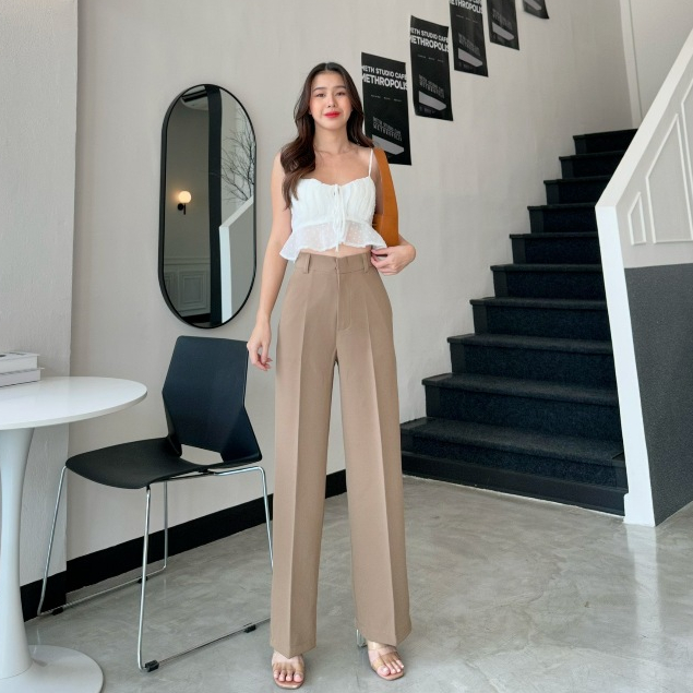 T05 New Hiso Pants เรียบหรูดูดี กางเกงทรงกระบอกกลาง กางเกงขายาว ผู้หญิง เอวสูง พรางหุ่น พราง ...