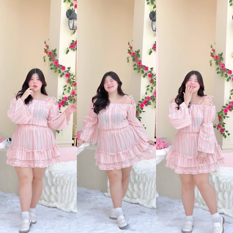 Set2ชิ้น เสื้อปาดไหล่ + กระโปรงขนมชั้น plussize อก34-48นิ้ว | Shopee Thailand