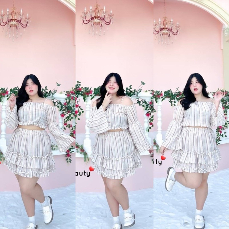 Set2ชิ้น เสื้อปาดไหล่ + กระโปรงขนมชั้น plussize อก34-48นิ้ว | Shopee Thailand