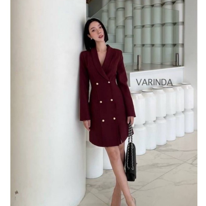Varinda เดรสสูทกระดุมหน้าแดงไวน์(*รบกวนเช็คสต๊อกก่อนกดสั่งซื้อ ...