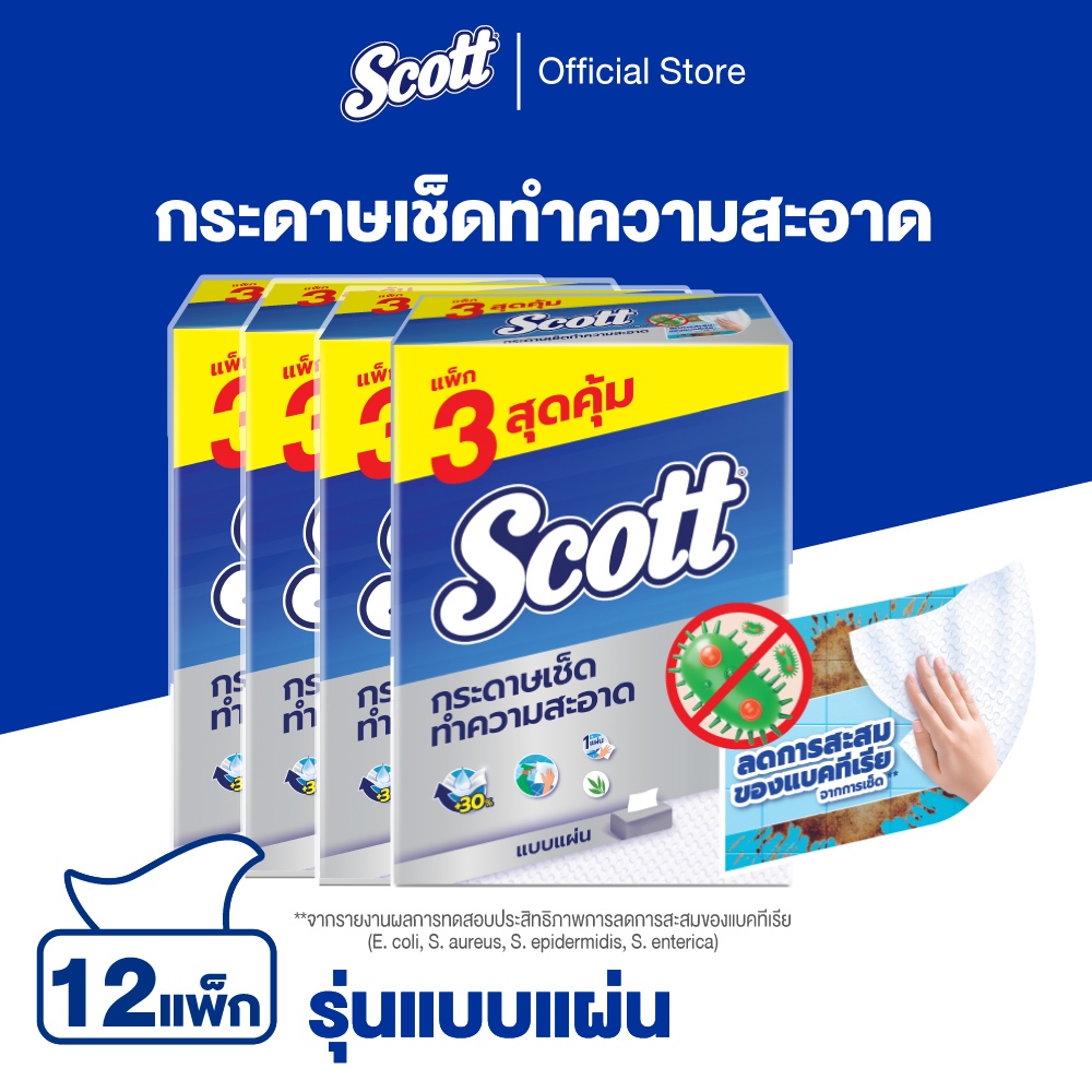 กระดาษเช็ดทำความสะอาดสก๊อตต์®รุ่นลดแบคทีเรีย8 แผ่น 3 แพ็ค x4 Scott ...