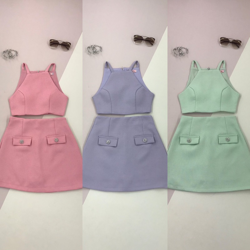 [ELSA] Y026 ชุดเซตเสื้อครอปแขนกุดสายเดี่ยวกระโปรงแต่งกระเป๋าหน้า ดีไซน์ ...