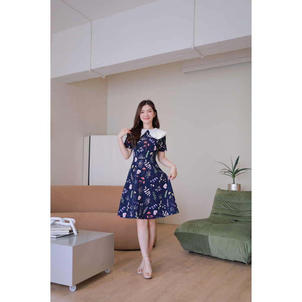 Romi"Oil" J206 ชุดเดรสสีกรม(คอบัวแต่งลูกไม้) | Shopee Thailand