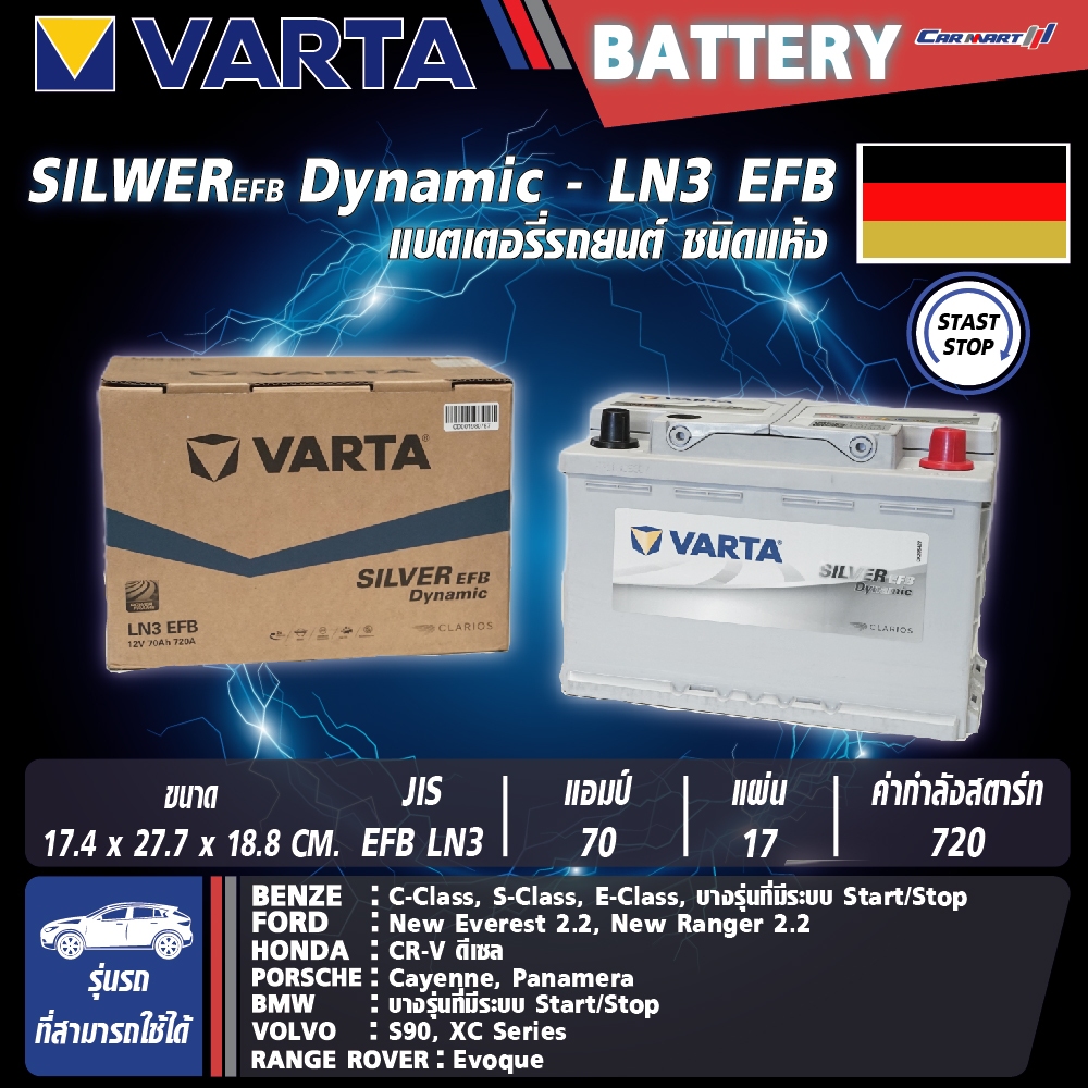 แบตเตอรี่ VARTA รุ่น LN3 EFB Silver Dynamic EFB แบตเตอรี่แห้ง (ไม่ต้องดูแลน้ำกลั่น) | Shopee ...