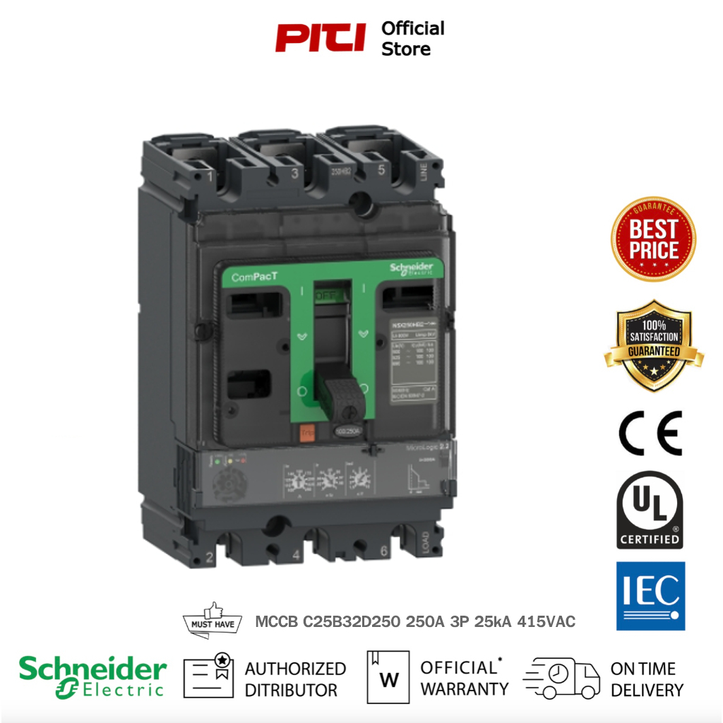 Schneider MCCB C25B32D250 250A 3P 25kA 415VAC Circuit Breaker ComPacT ...