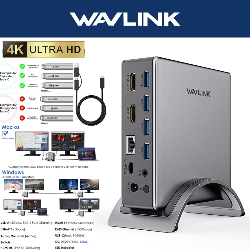 WAVLINK Docking Station Dual HDMI PD 100W 5GBPS USB 3.0 พอร์ต 3.5 มม. ...