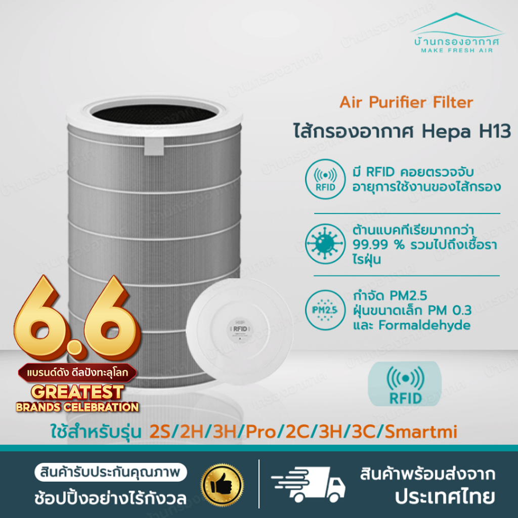 RFID ไส้กรอง สำหรับ สีเทา hepa H13 Mi Air Purifier Filter รุ่น 2S / 2H / 3H / Pro / 2C / 3C ...