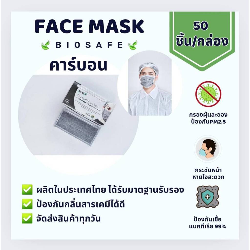 หน้ากากอนามัยคาร์บอน หนา 4ชั้น กล่อง 50 ชิ้น 1 ลัง 20 กล่อง Biosafe | Shopee Thailand