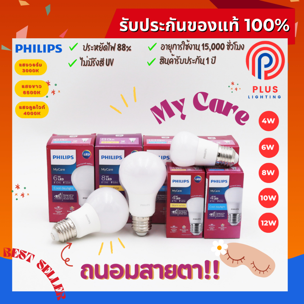 หลอดไฟ ฟิลิปส์ Philips 4W,6W,8W,10W,12W ขั้ว E27 MyCare LED Bulb | Shopee Thailand