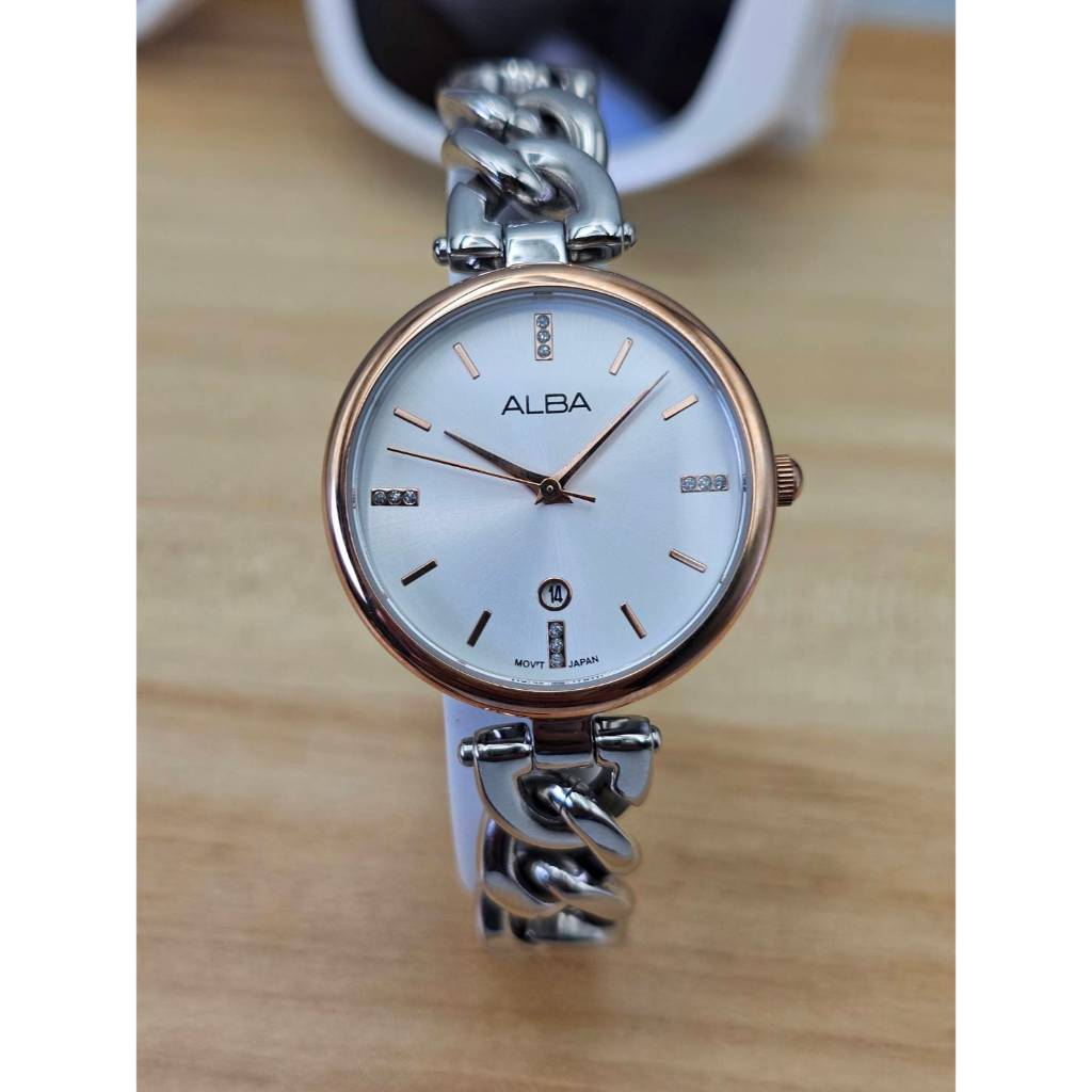 ALBA Japan รุ่น AH7S60X (ผู้หญิง) หน้าปัดขาว ขอบพิ้งโกลด์ รับประกัน1ปี ...