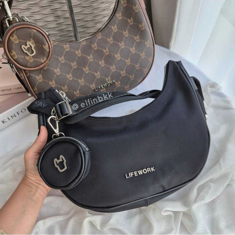 LIFEWORK 🇰🇷 Nylon/ Monogram/ Radogram Hobo Bag กระเป๋าสะพาย กระเป๋าโฮโบ กระเป๋าพอช สีดำ สีน้ำตาล ...