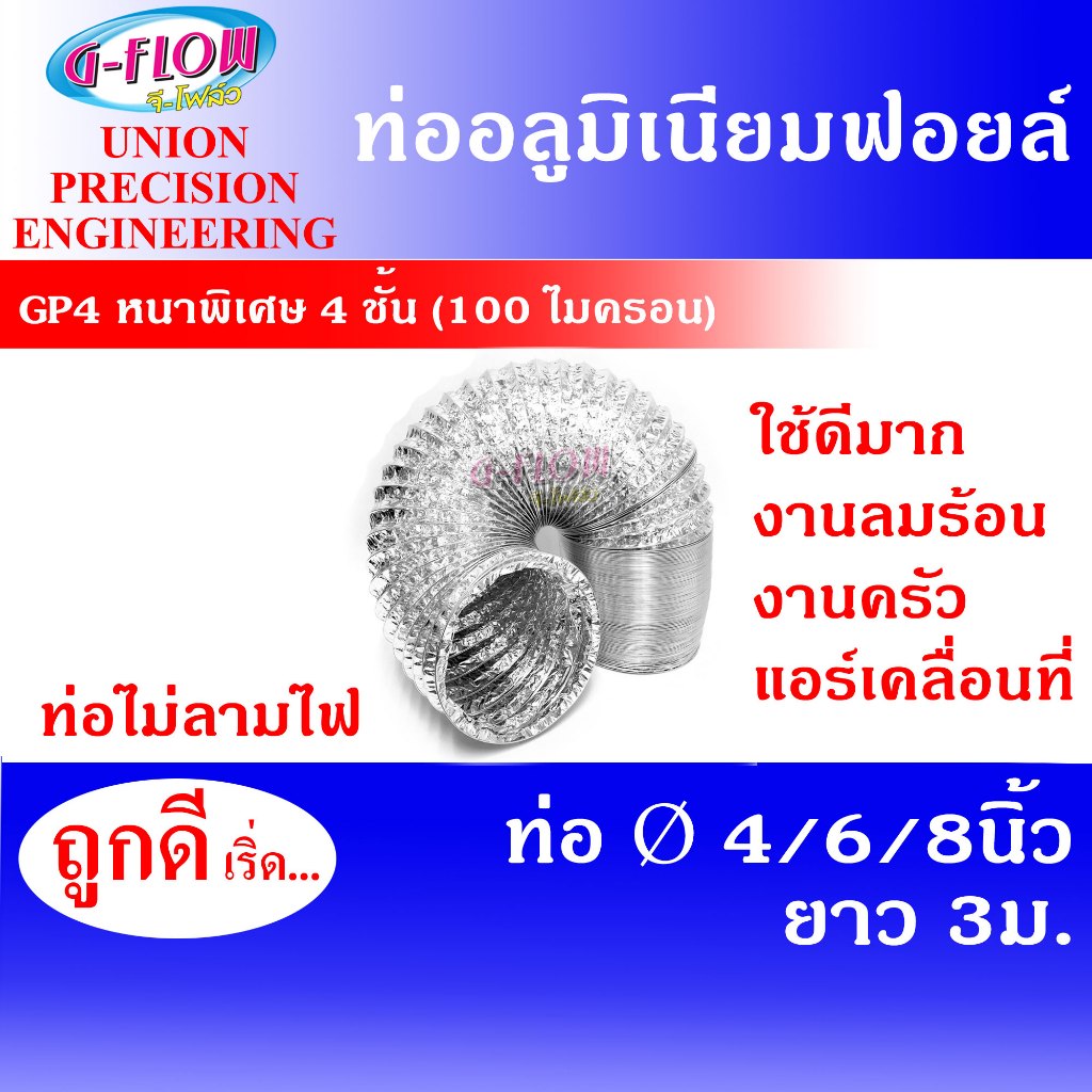 GFLOW ท่อลมระบายอากาศ ท่อลมลูมิเนียม ท่อระบายอากาศ ท่อลมแอร์เคลื่อนที่ Ø 4/6/8 นิ้ว ยาว 3 ม. ...
