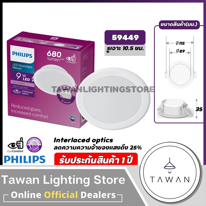 Philips โคมไฟดาวน์ไลท์แอลอีดีฝังฝ้า 9วัตต์ Panel LED 9W รุ่น Meson IO 59449 105 Daylight ...